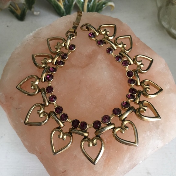 Jewelry | Vintage Gold And Purple Rhinestone Heart Bracelet | Poshmark